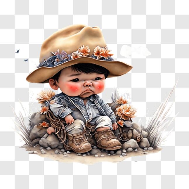 Download Adorable Little Boy in Cowboy Outfit Sitting on Rocks and ...