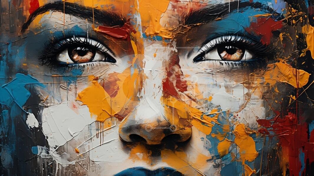 Colorful Face Paint Artwork of a Contemplative Woman stock photo ...