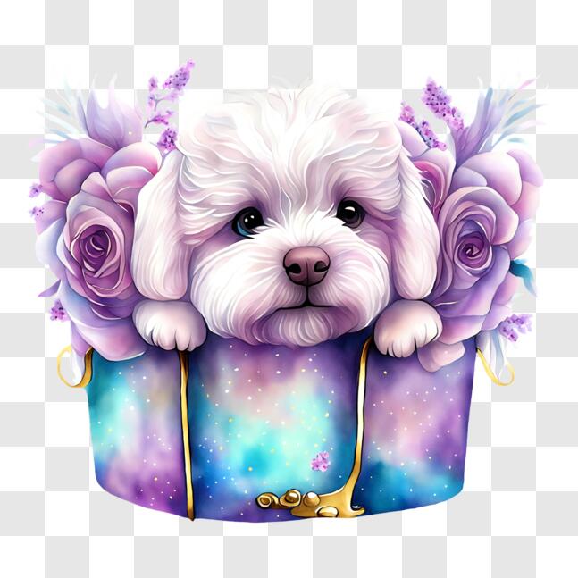 Download White Dog Sitting in Flower Decorated Box PNGs Online ...