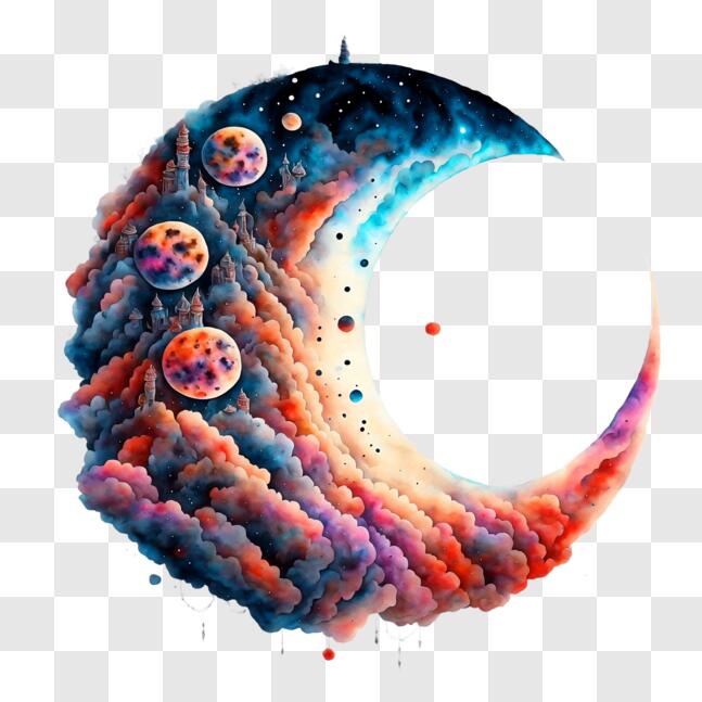 Download Colorful Crescent Painting with Clouds, Planets, and Stars ...