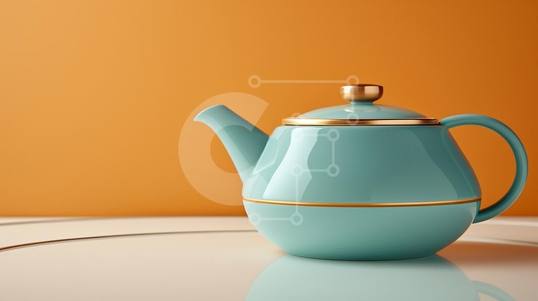 Blue Teapot with Gold Handle on White Table stock photo | Creative Fabrica