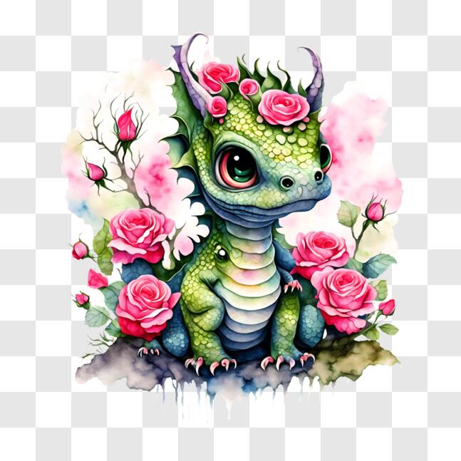 Download Green Dragon with Pink Roses Ornamental Art PNGs Online ...