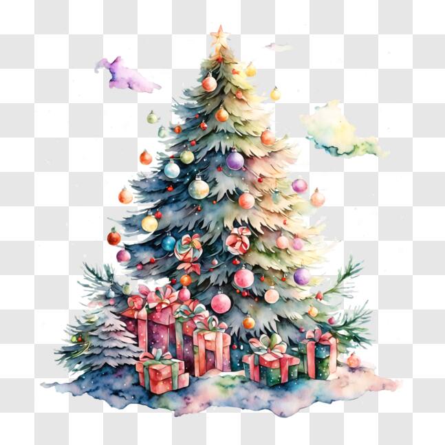 Download Watercolor Christmas Tree Painting with Presents and Ornaments ...