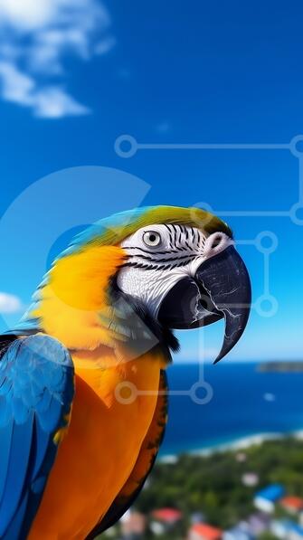 Colorful Parrot Perched with Ocean View stock photo | Creative Fabrica
