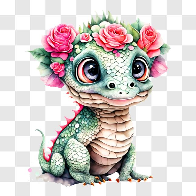Download Cute Green Lizard with Pink Roses Illustration PNGs Online ...
