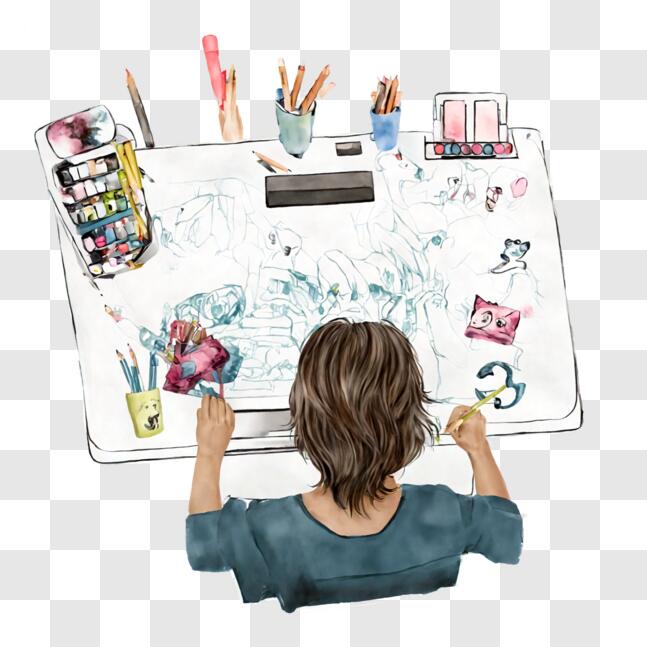 Download Female Artist at Drawing Desk with Art Supplies PNGs Online ...