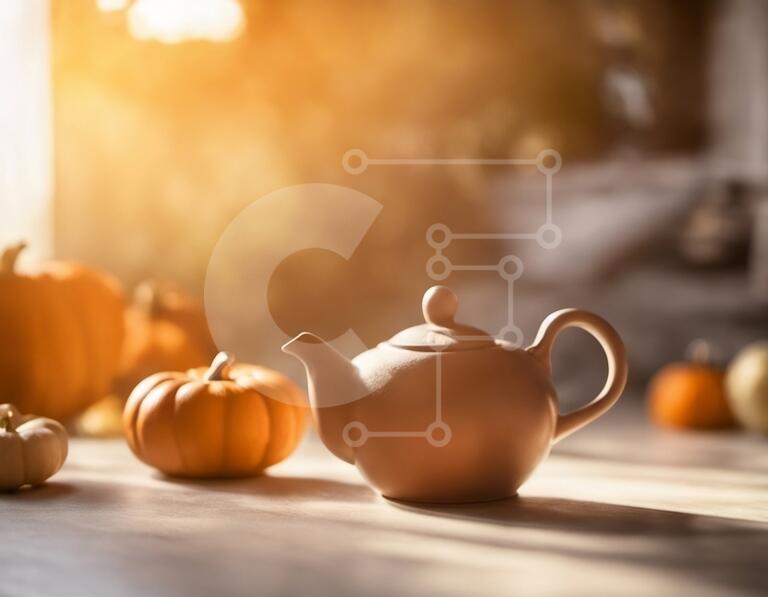 Autumn Teapot and Pumpkins on a Cozy Table stock photo | Creative Fabrica