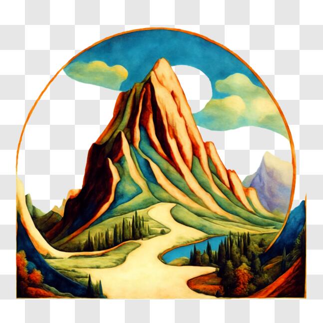 Baixe Pintura Idílica de Paisagem de Montanha em Moldura Circular PNGs ...