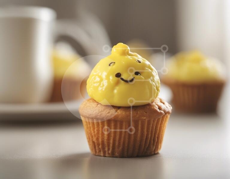 Adorable Smiling Face Cupcake on Table stock photo | Creative Fabrica