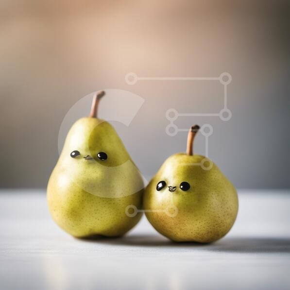 Cute Green Pears with Faces on White Surface stock photo | Creative Fabrica