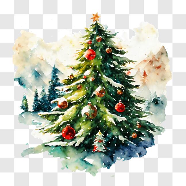 Download Watercolor Christmas Tree with Ornaments and Snowflakes PNGs ...