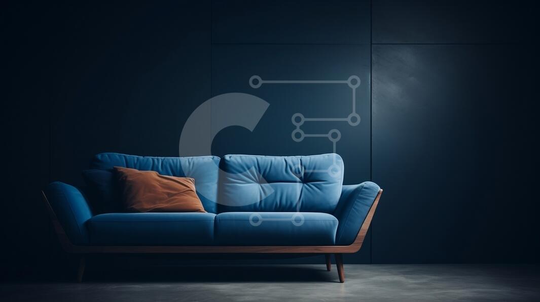 Blue Couch in Dark Room with Wooden Floor stock photo | Creative Fabrica