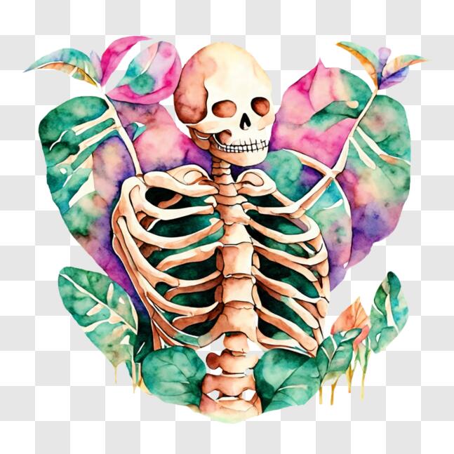 Download Watercolor Skeleton Painting with Colorful Leaves and Flowers ...