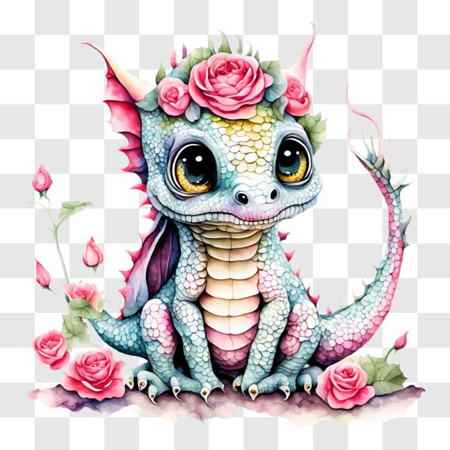 Download Cute Blue Dragon with Pink Flowers PNGs Online - Creative Fabrica