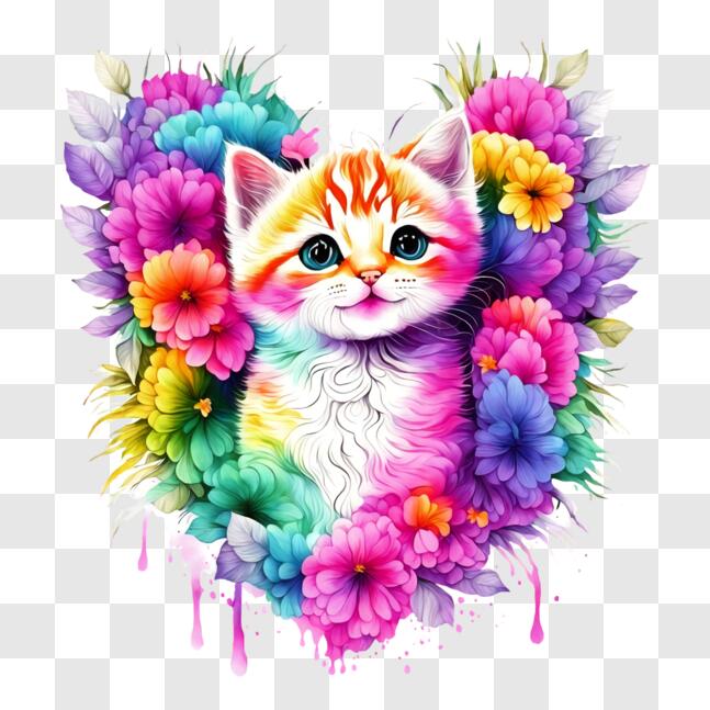 Download Colorful Cat Sitting in Flowers PNGs Online - Creative Fabrica