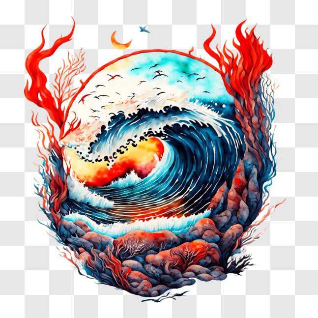Download Colorful Ocean Wave Painting with Fire and Flames PNGs Online ...