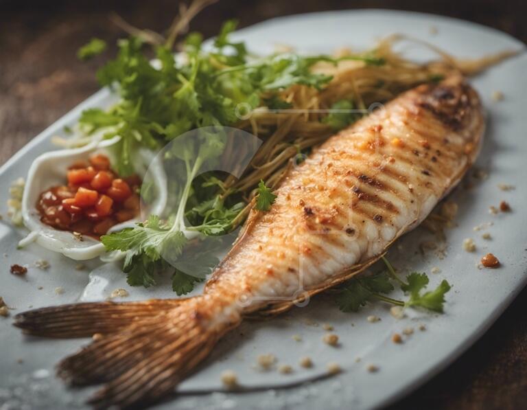 Delicious Grilled Fish with Fresh Vegetables stock photo | Creative Fabrica