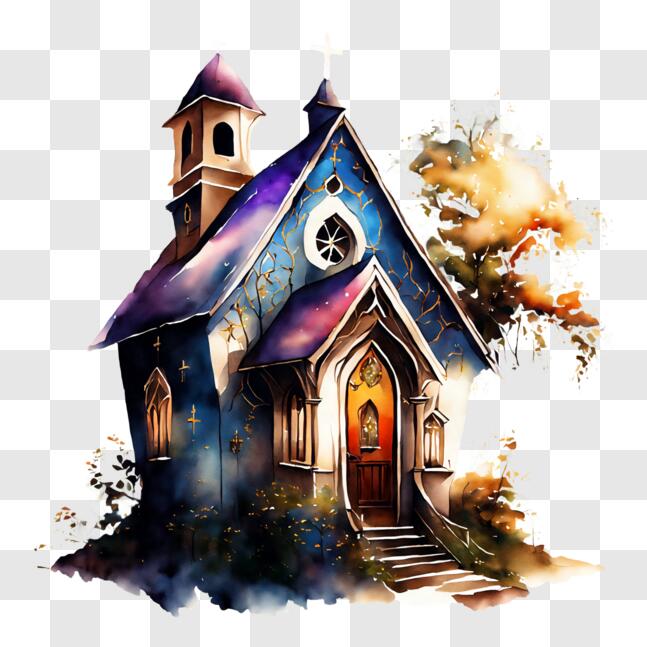 Download Beautiful Blue Church with Stained Glass Windows PNG Online ...