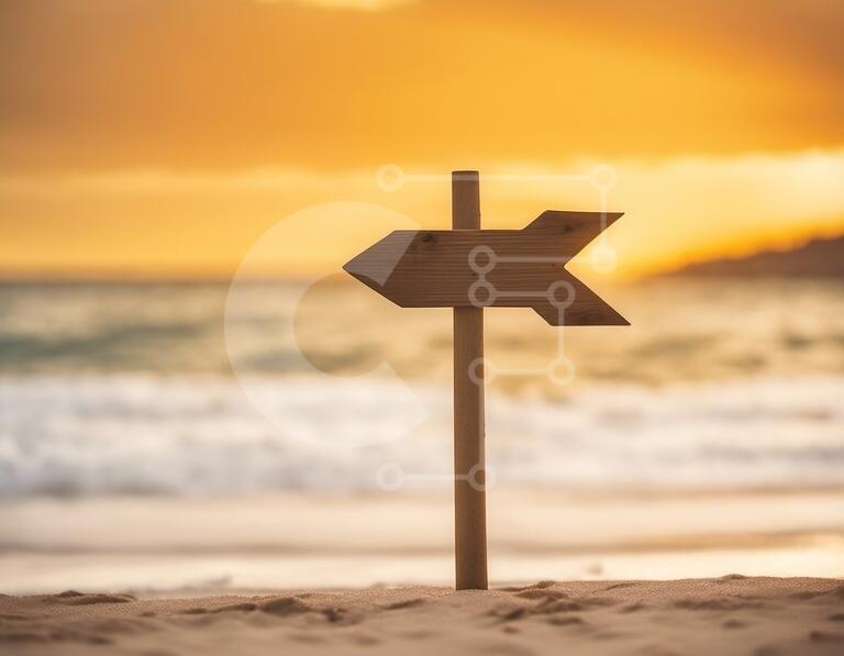 Wooden Directional Sign on the Beach at Sunset stock photo | Creative ...