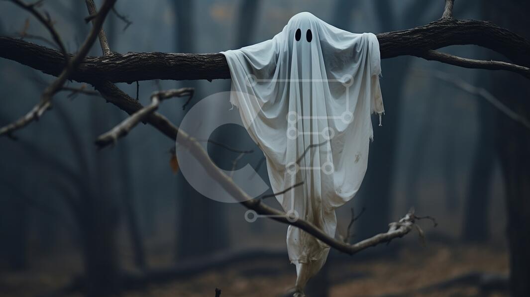 Eerie Ghost in a Dark and Misty Forest stock photo | Creative Fabrica