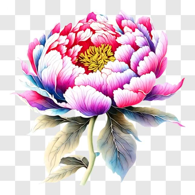 Download Mooi Roze Pioenbloem Schilderij met Groene Bladeren PNG online ...