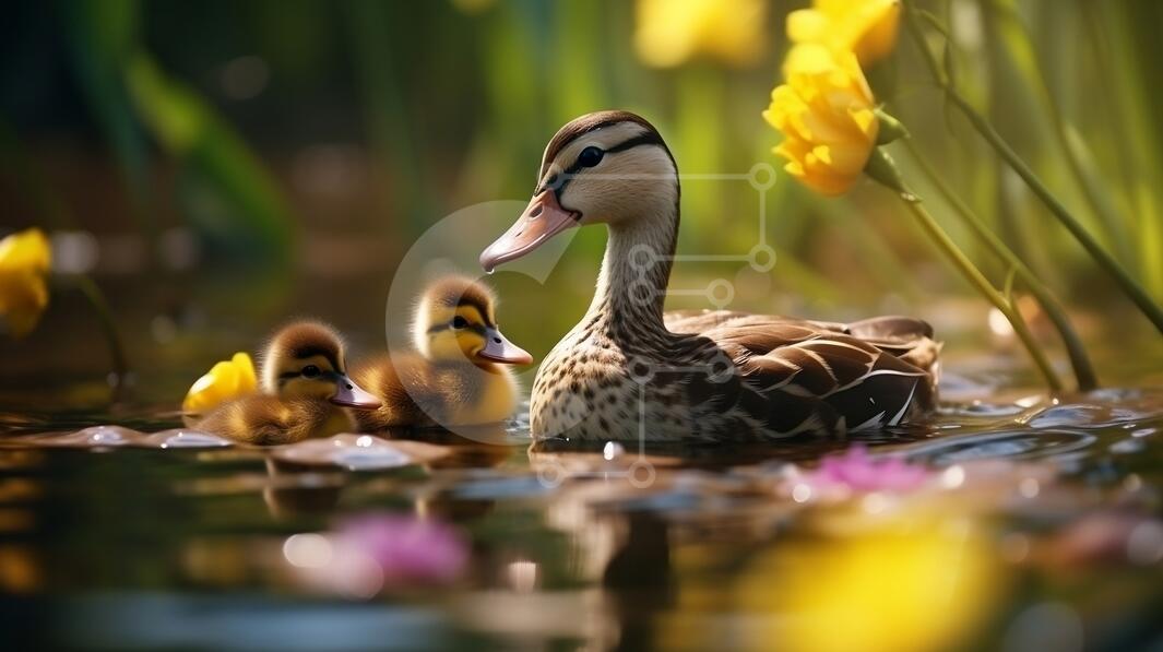 Mother Duck and Ducklings Swimming in a Beautiful Pond stock photo ...