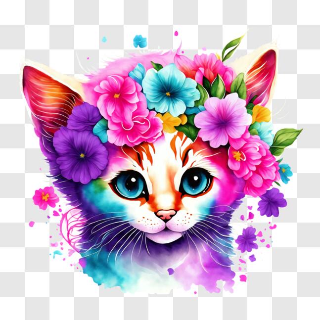 Download Colorful Cat with Flower Crown PNGs Online - Creative Fabrica
