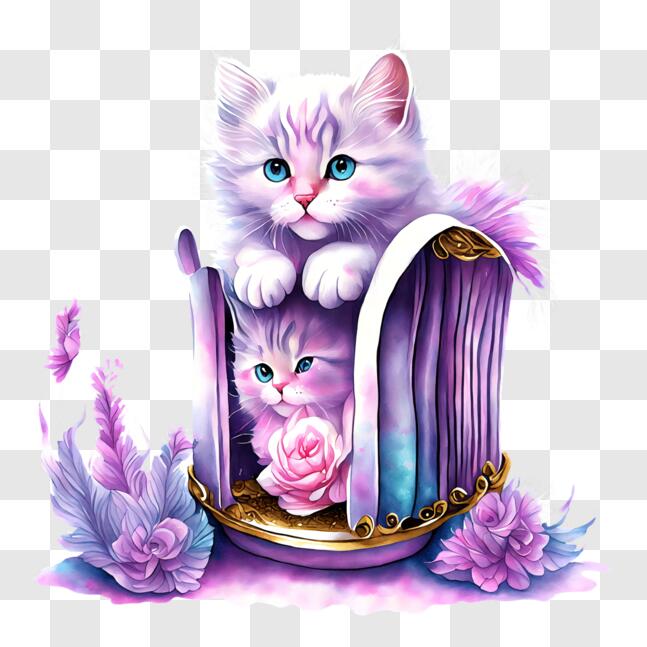 Download Two White Kittens in a Purple Cage with Pink Roses PNGs Online ...