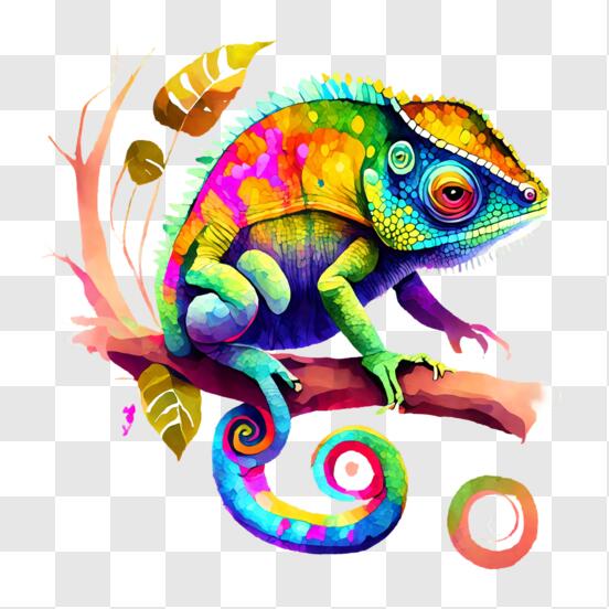 Download Colorful Chameleon on a Tree Branch PNGs Online - Creative Fabrica