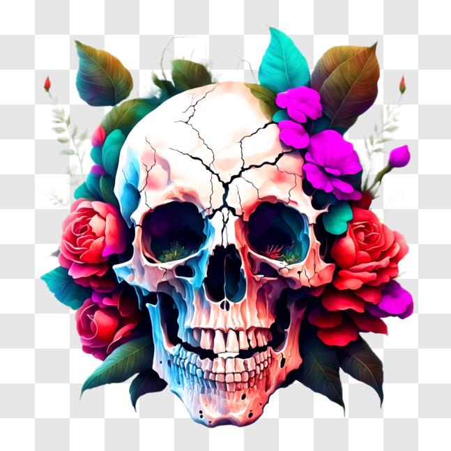 Download Colorful Skull with Flowers PNG Online - Creative Fabrica