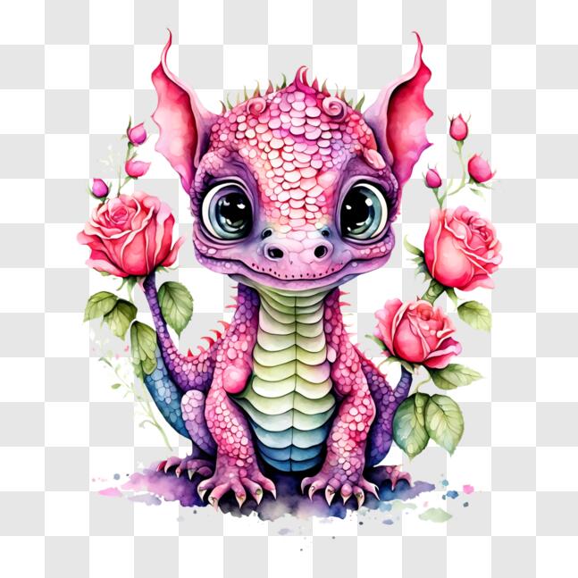 Download Cute Pink Dragon with Roses PNGs Online - Creative Fabrica