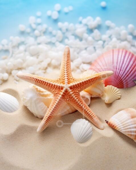 Beach with Shells and Starfish stock photo | Creative Fabrica