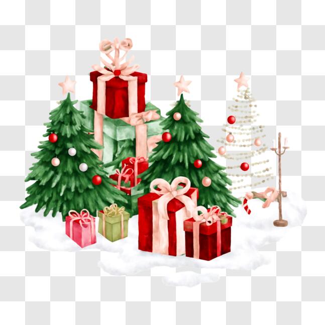 Download Snowy Christmas Scene with Trees, Presents, and Reindeer PNGs ...