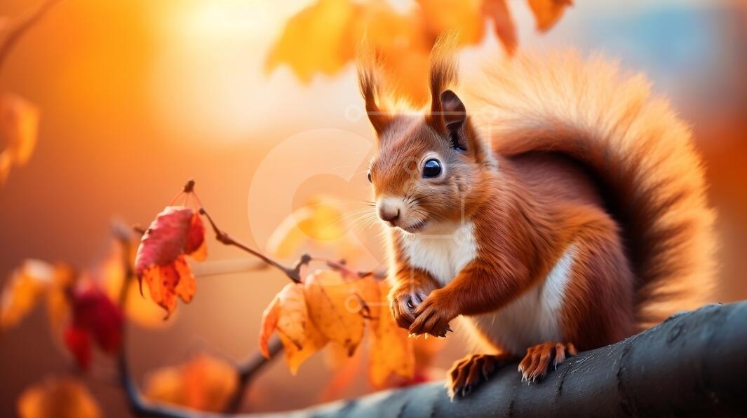 Red Squirrel Feeding on Leaves in Autumn stock photo | Creative Fabrica