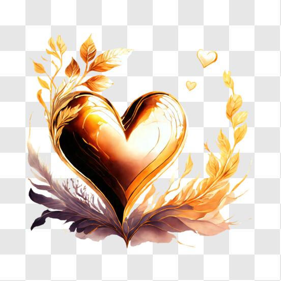 Download Intricate Gold-Plated Heart with Feathers and Leaves PNG ...
