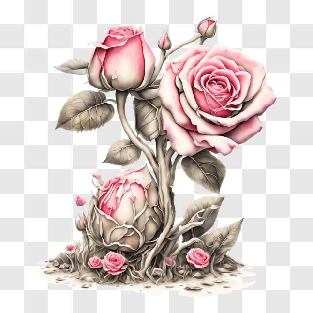 Download Beautiful Artwork of Two Pink Roses PNGs Online - Creative Fabrica