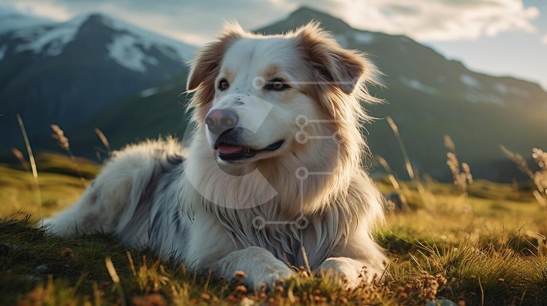 Serene Dog enjoying sunset on a grassy hill stock photo | Creative Fabrica