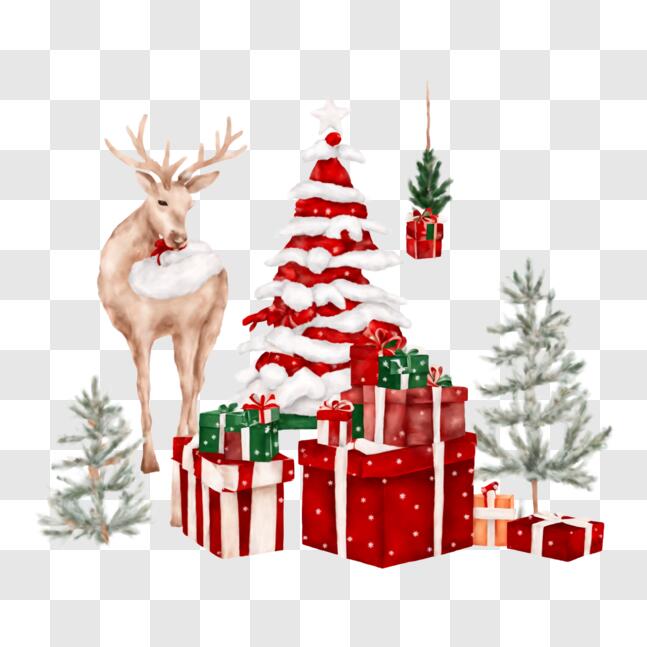 Download Deer and Reindeer with Christmas Tree and Presents PNGs Online ...