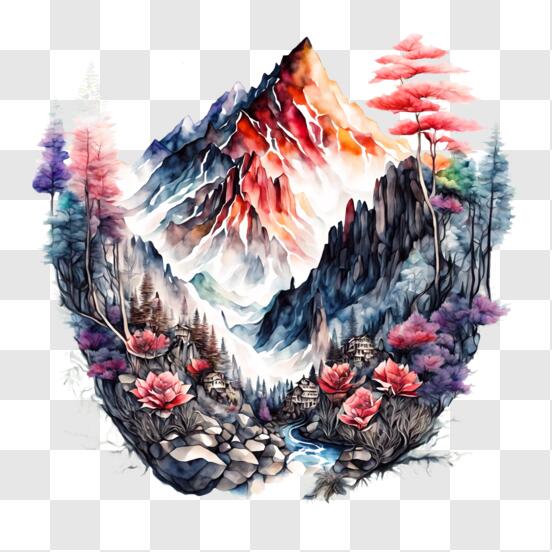 Download Watercolor Landscape Painting with Mountains and Trees PNGs ...
