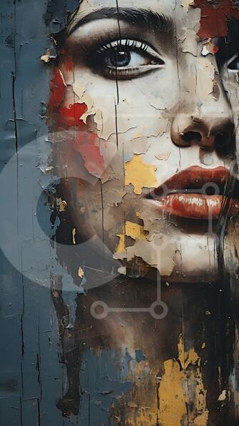Sad Woman's Face Painting on Peeling Wood stock photo | Creative Fabrica
