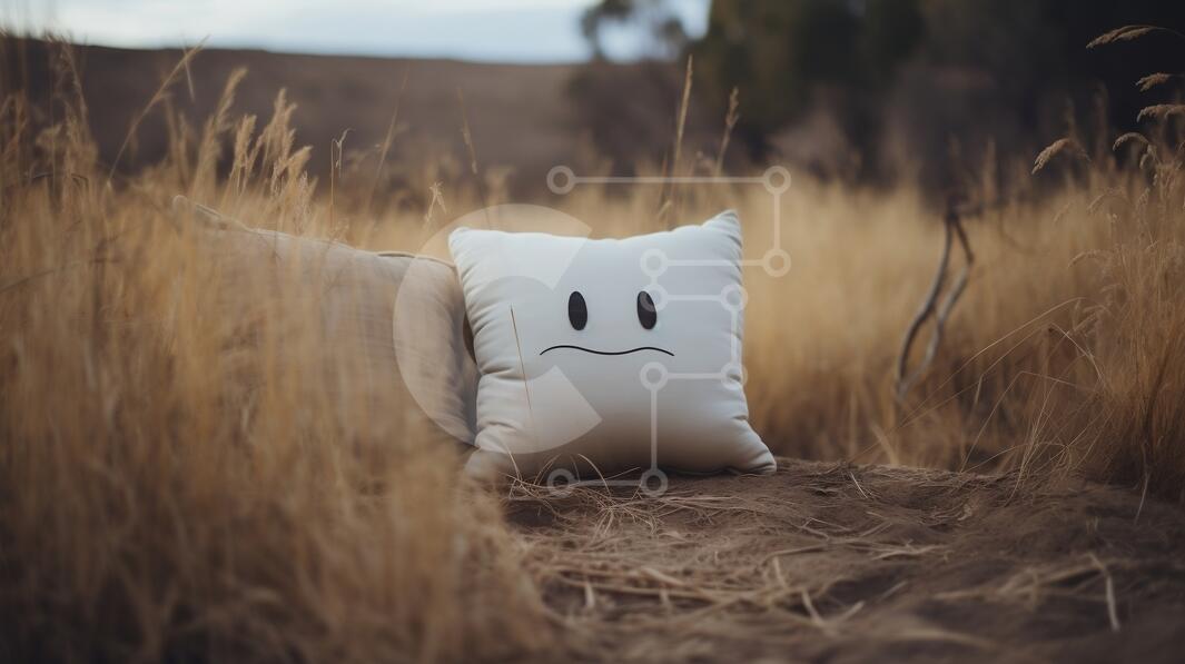 Sad Face Pillow in Field of Grass stock photo | Creative Fabrica