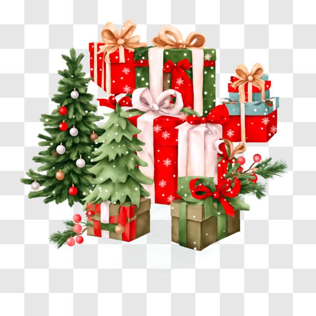 Download Festive Christmas Gift Boxes with Trees and Ornaments PNGs ...