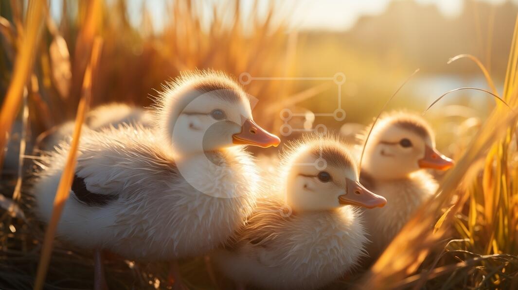 Peaceful Sunset with Baby Ducks in a Field stock photo | Creative Fabrica