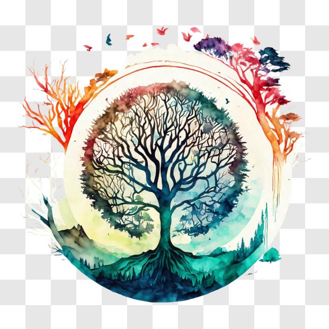 Download Colorful Tree in Ornate Circular Frame PNGs Online - Creative ...