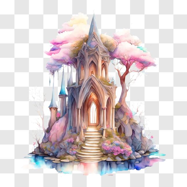 Download Enchanted Castle in the Middle of Water with Surrounding Trees ...
