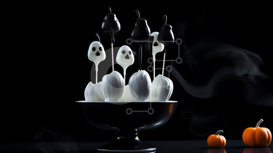 Spooky Halloween Bowl with Ghost Spoons and Pumpkins stock photo ...