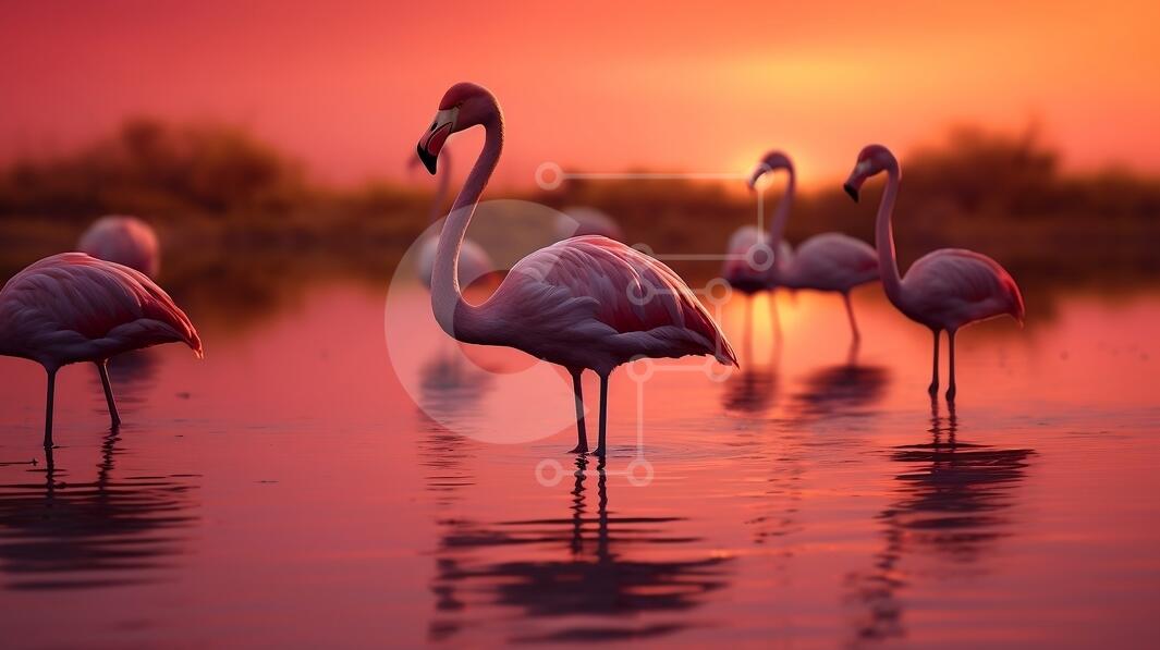 Group of Flamingos Standing in Shallow Water at Sunset stock photo ...