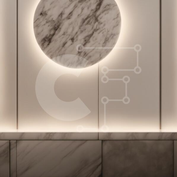 Modern Interior with Illuminated Circular Light Fixture stock photo ...