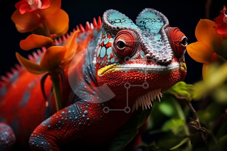 Colorful Chameleon on a Beautiful Floral Background stock photo ...