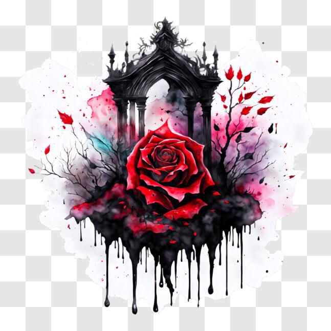 Download Red Rose with Dripping Paint and Gothic Structure PNGs Online ...